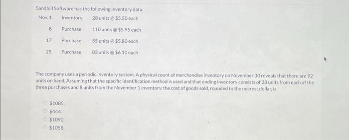 Solved Sandhill Software has the following inventory data: | Chegg.com