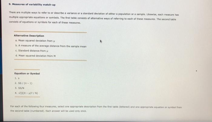 Solved 9. Measures of variability match-up There are | Chegg.com