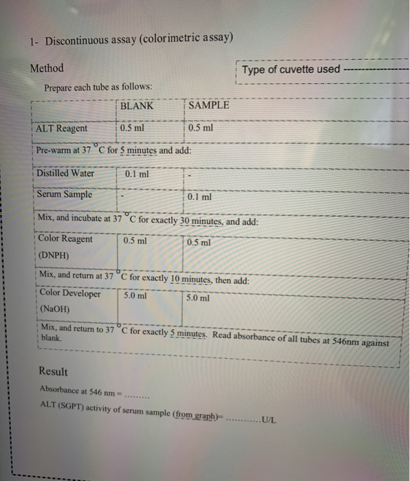 Solved 1- Discontinuous assay (colorimetric assay) Type of | Chegg.com