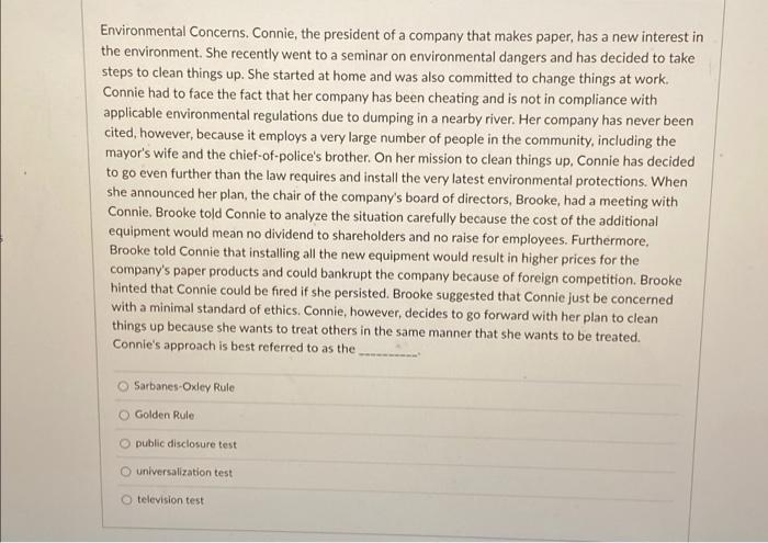Solved Environmental Concerns. Connie, the president of a | Chegg.com