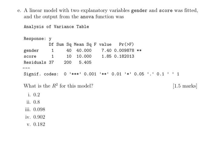 Solved e. A linear model with two explanatory variables | Chegg.com