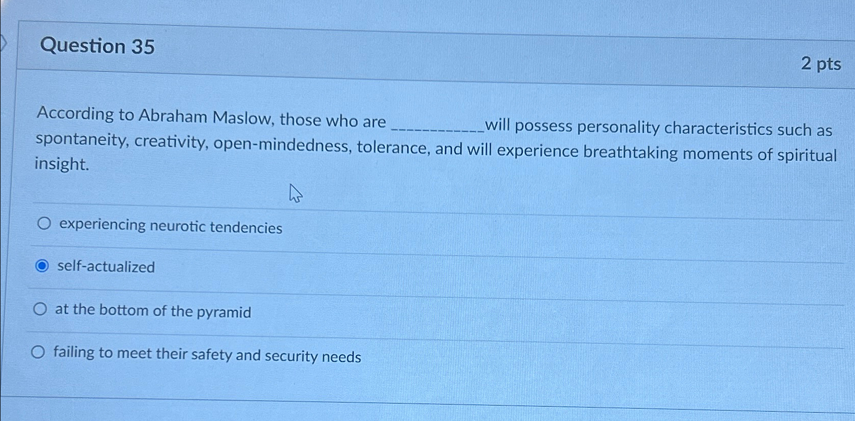 Solved Question 352 ﻿ptsAccording to Abraham Maslow, those | Chegg.com