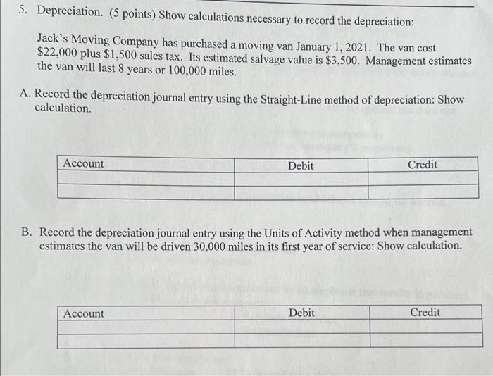 Solved 5. Depreciation. (5 points) Show calculations | Chegg.com