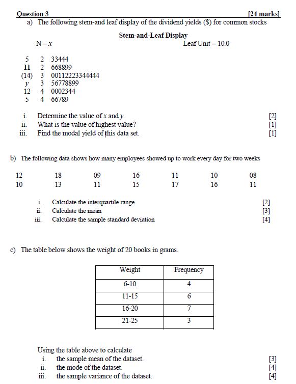 Solved Question 3a) ﻿The following stem-and leaf display of | Chegg.com