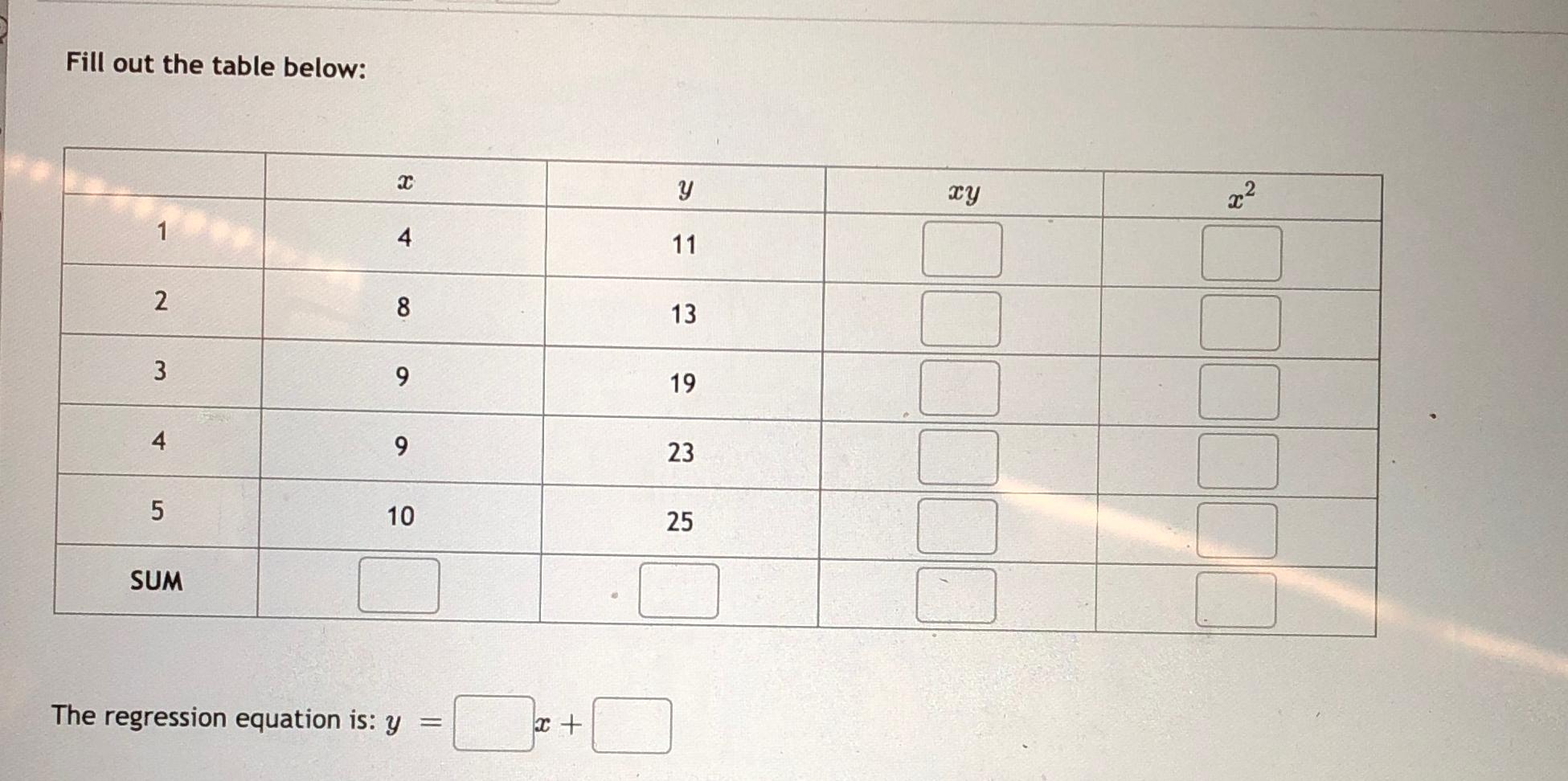 Solved Fill out the table below:\table[[,x,y,xy,x2 | Chegg.com