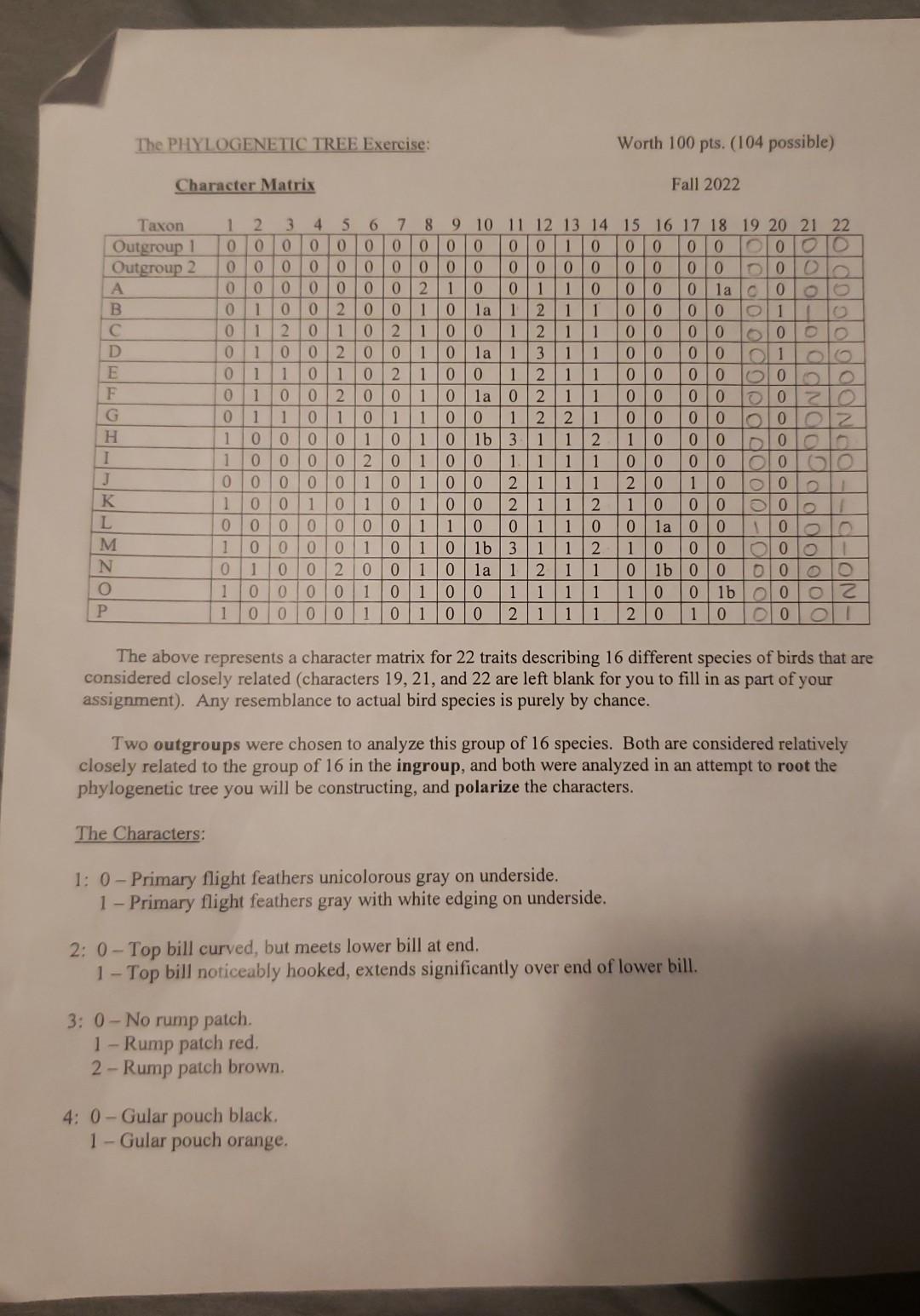 The PHYLOGENETIC TREE Exercise: Character Matrix5: 0 | Chegg.com
