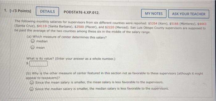Solved 1. [-/3 Points) DETAILS PODSTAT6 4.XP.012. MY NOTES | Chegg.com Solved 1. [-/3 Points) DETAILS PODSTAT6 4.XP.012. MY NOTES | Chegg.com