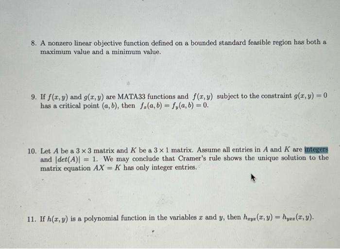Solved 8. A nonzero linear objective function defined on a | Chegg.com