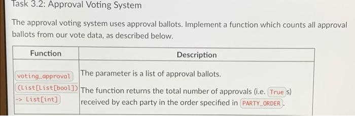 Task 3.2: Approval Voting System The approval voting | Chegg.com
