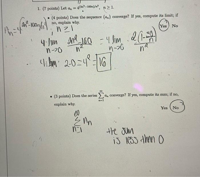 Solved points) Let an=4(2n2−100n)/n2,n≥1. - (4 points) Does | Chegg.com