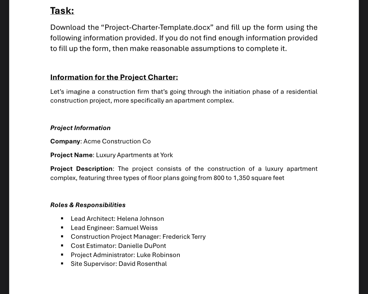 Solved Task:Download the "Project-Charter-Template.docx" and | Chegg.com