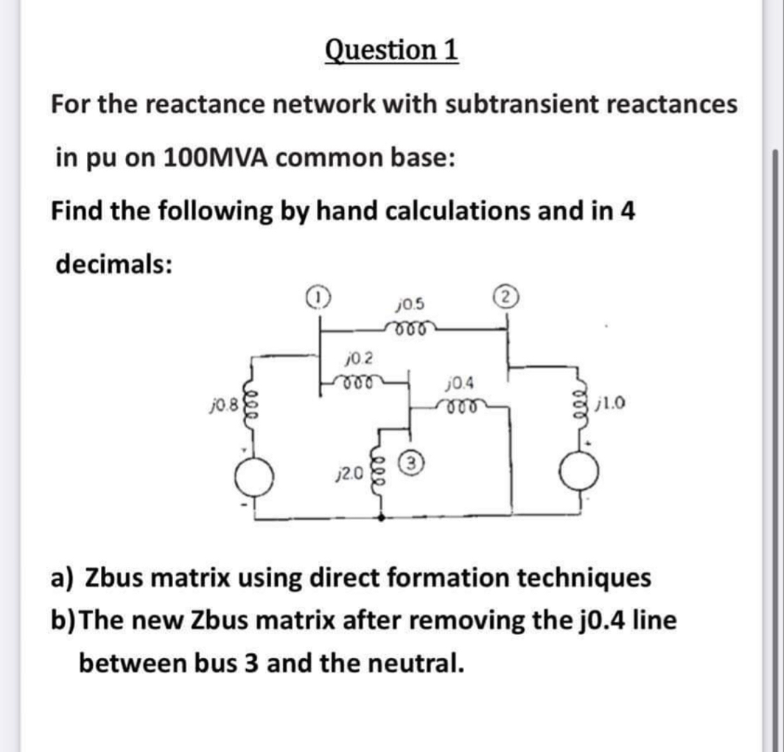 Solved Question 1for The Reactance Network With Subtransient
