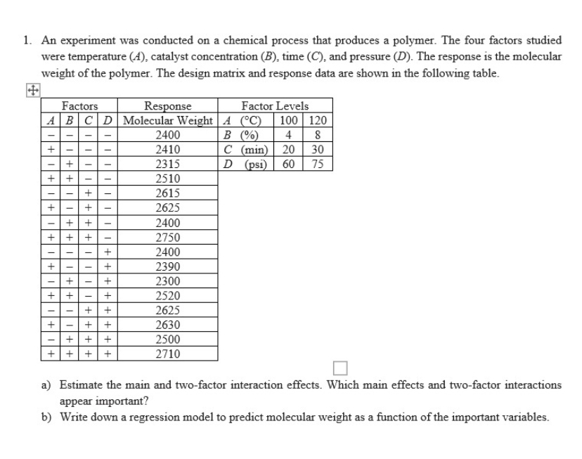 Solved An experiment was conducted on a chemical process | Chegg.com