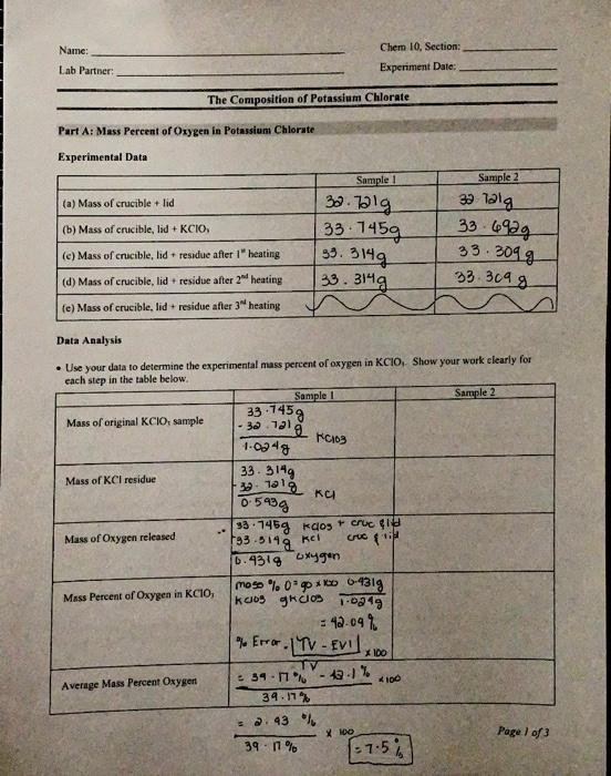 Solved This is my composition of potassium chlorate lab pls | Chegg.com