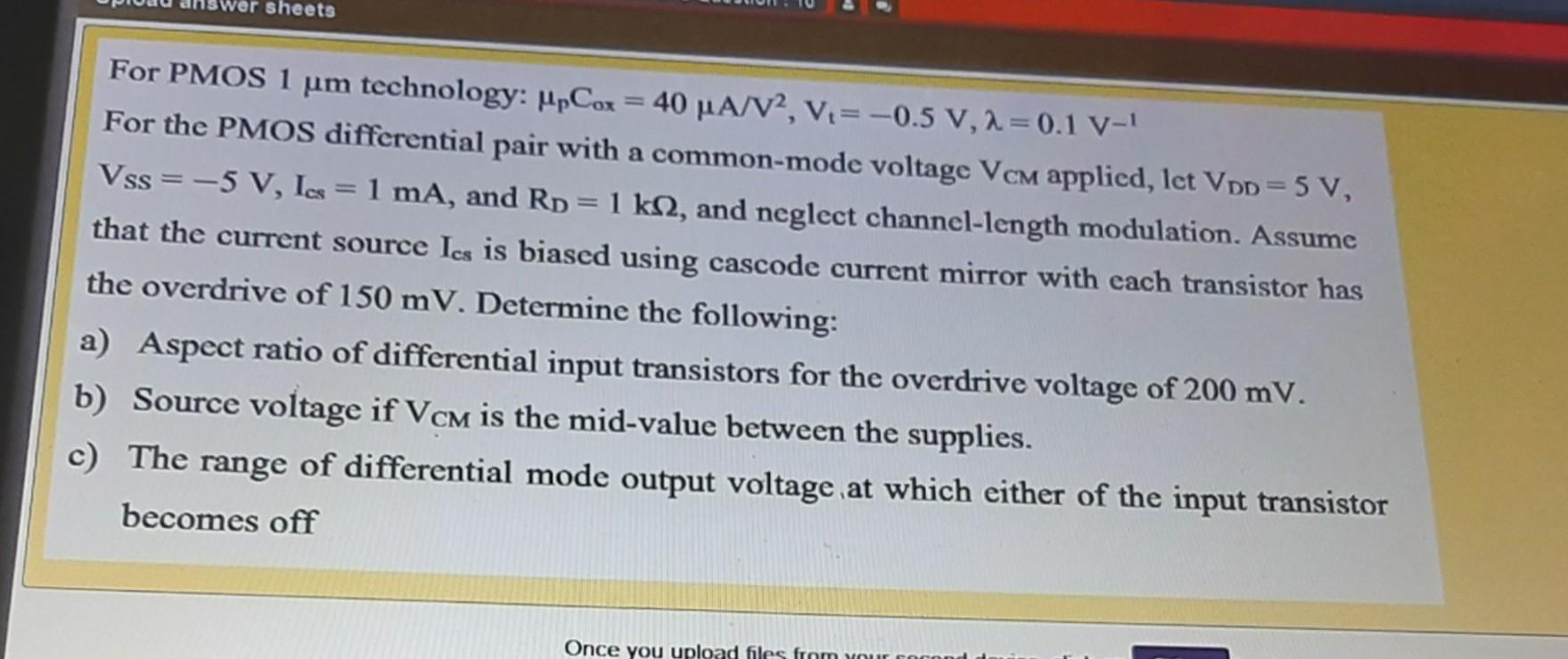 Solved sheets For PMOS 1 um technology: MpCox = 40 PA/V2, | Chegg.com