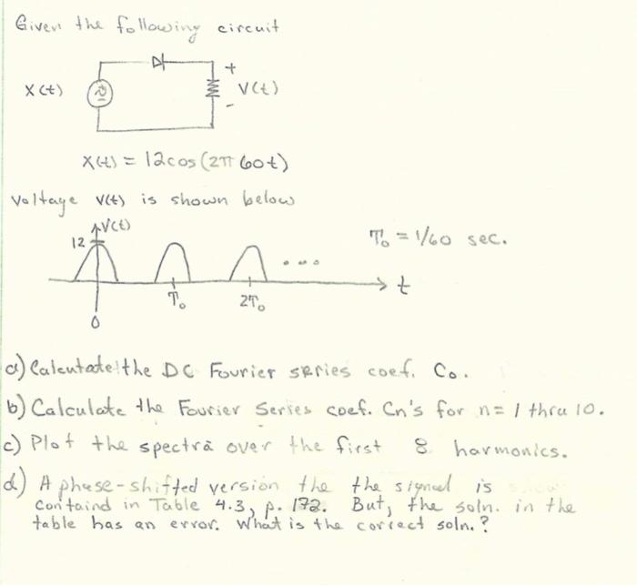 Solved Givert the following circuit x(t)=12cos(2π60t) | Chegg.com