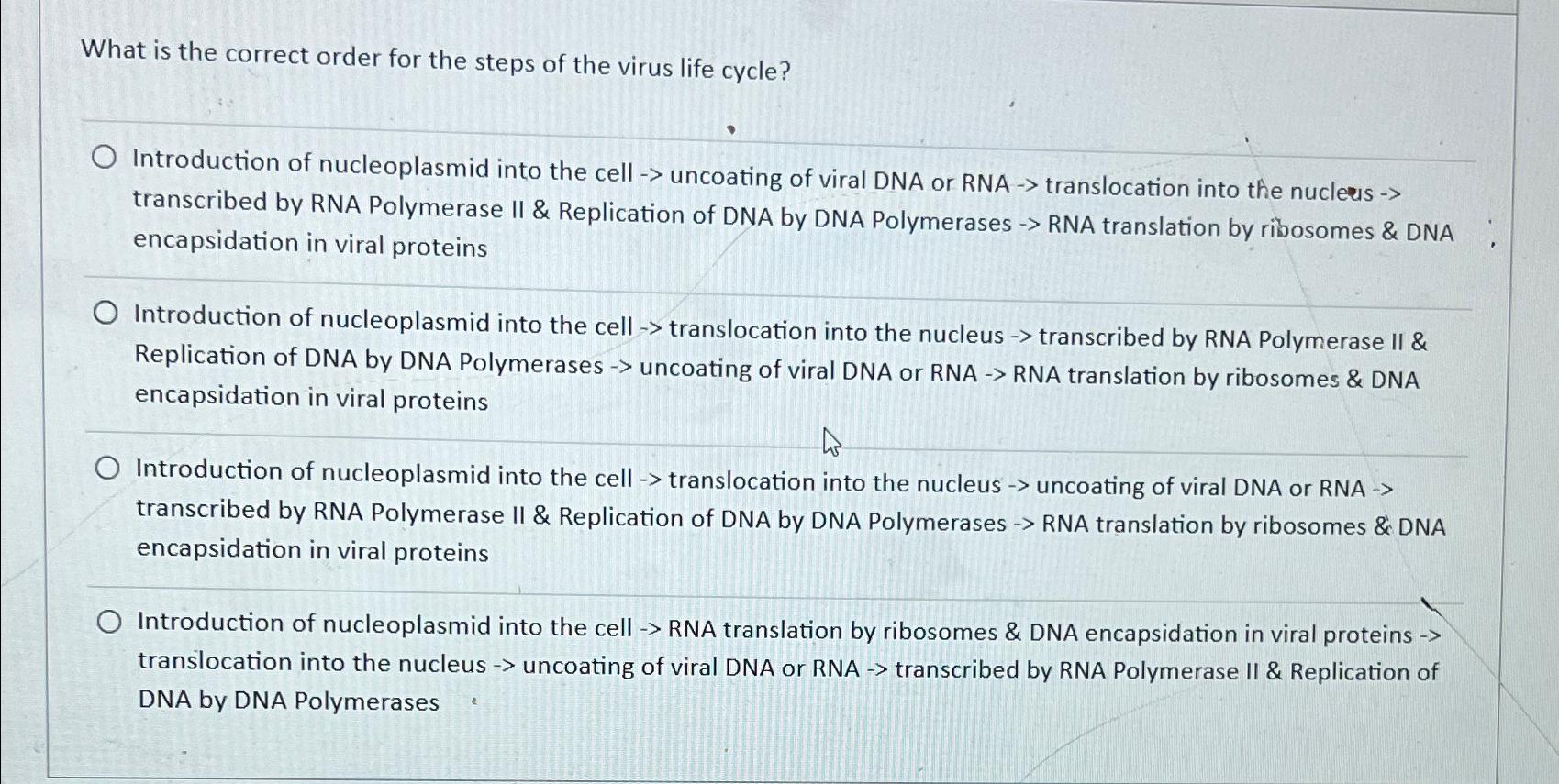 Solved What is the correct order for the steps of the virus | Chegg.com