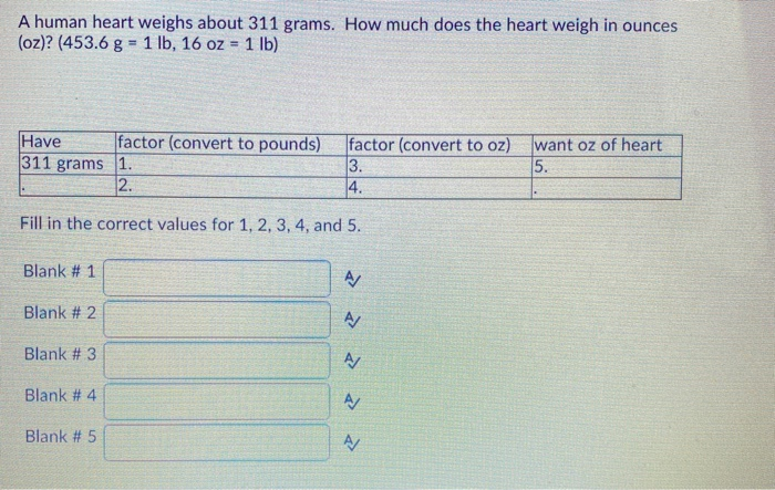 Solved A human heart weighs about 311 grams. How much does | Chegg.com