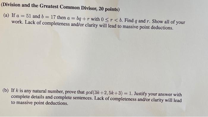 Solved (Division and the Greatest Common Divisor, 20 points) | Chegg.com