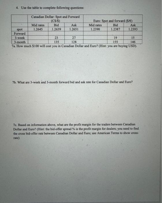 Solved 4. Use the table to complete following questions: 7a. | Chegg.com