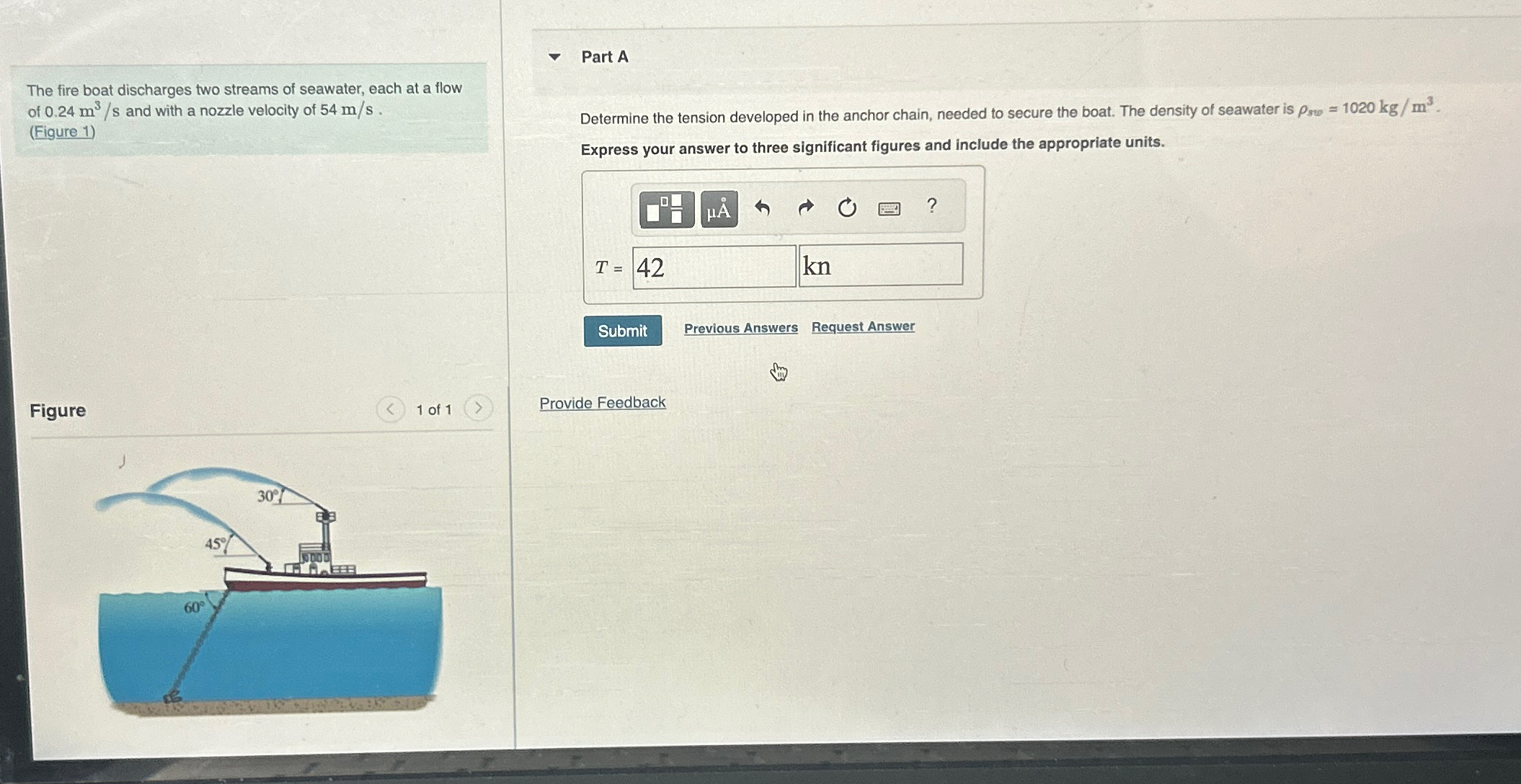 Solved The fire boat discharges two streams of seawater, | Chegg.com