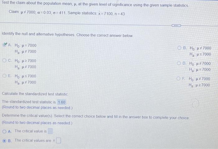 Solved Test the claim about the population mean, μ, at the | Chegg.com