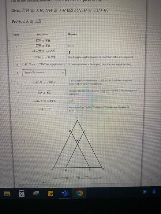 Fill In The Missing Statement And Reason Of The Proof
