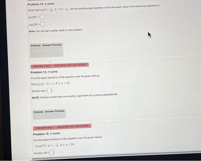 Solved Problem 13. (1 point) Given that cosθ=15π,0 Solved Problem 13. (1 point) Given that cosθ=15π,0