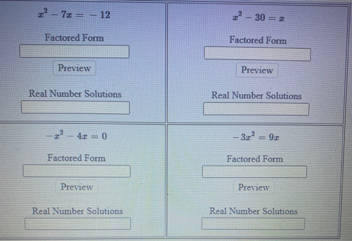 Solved 22 72 = - 12 22 - 30 = 1 Factored Form Factored Form | Chegg.com