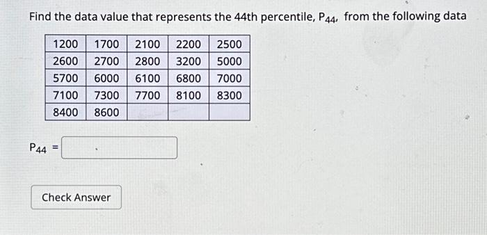 Solved Find the data value that represents the 44th | Chegg.com