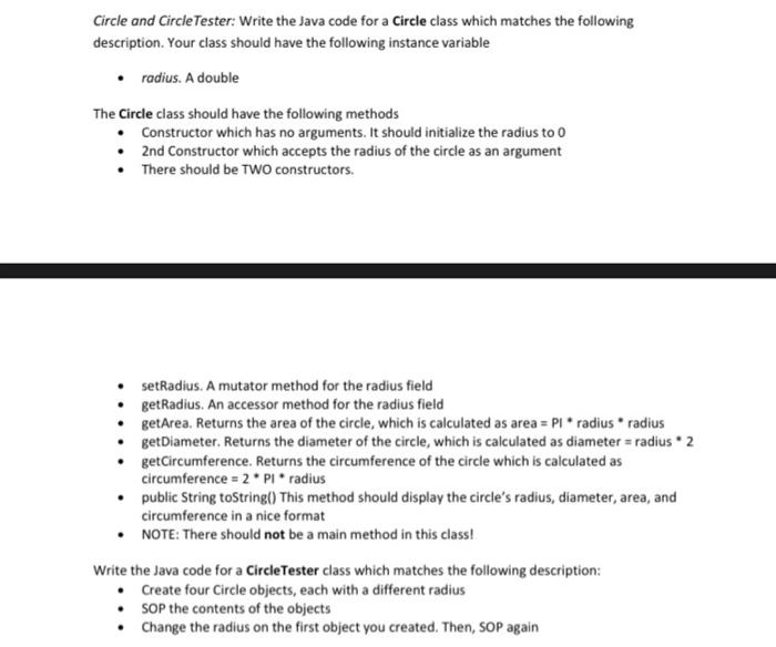 Solved Circle and CircleTester: Write the Java code for a | Chegg.com