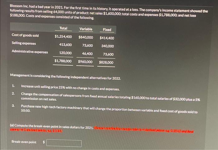 Solved Blossom Inc. had a bad year in 2021. For the first | Chegg.com