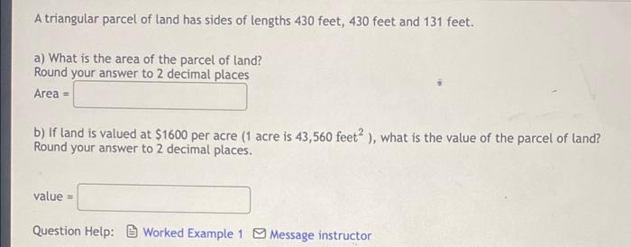 Solved A triangular parcel of land has sides of lengths 430 | Chegg.com