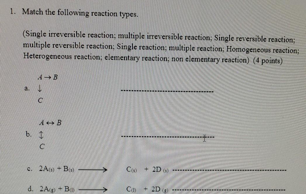 Solved 1. Match the following reaction types. (Single | Chegg.com