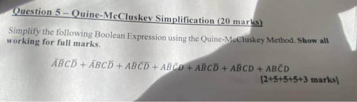 Solved Question 5 - Quine-McCluskey Simplification (20 | Chegg.com