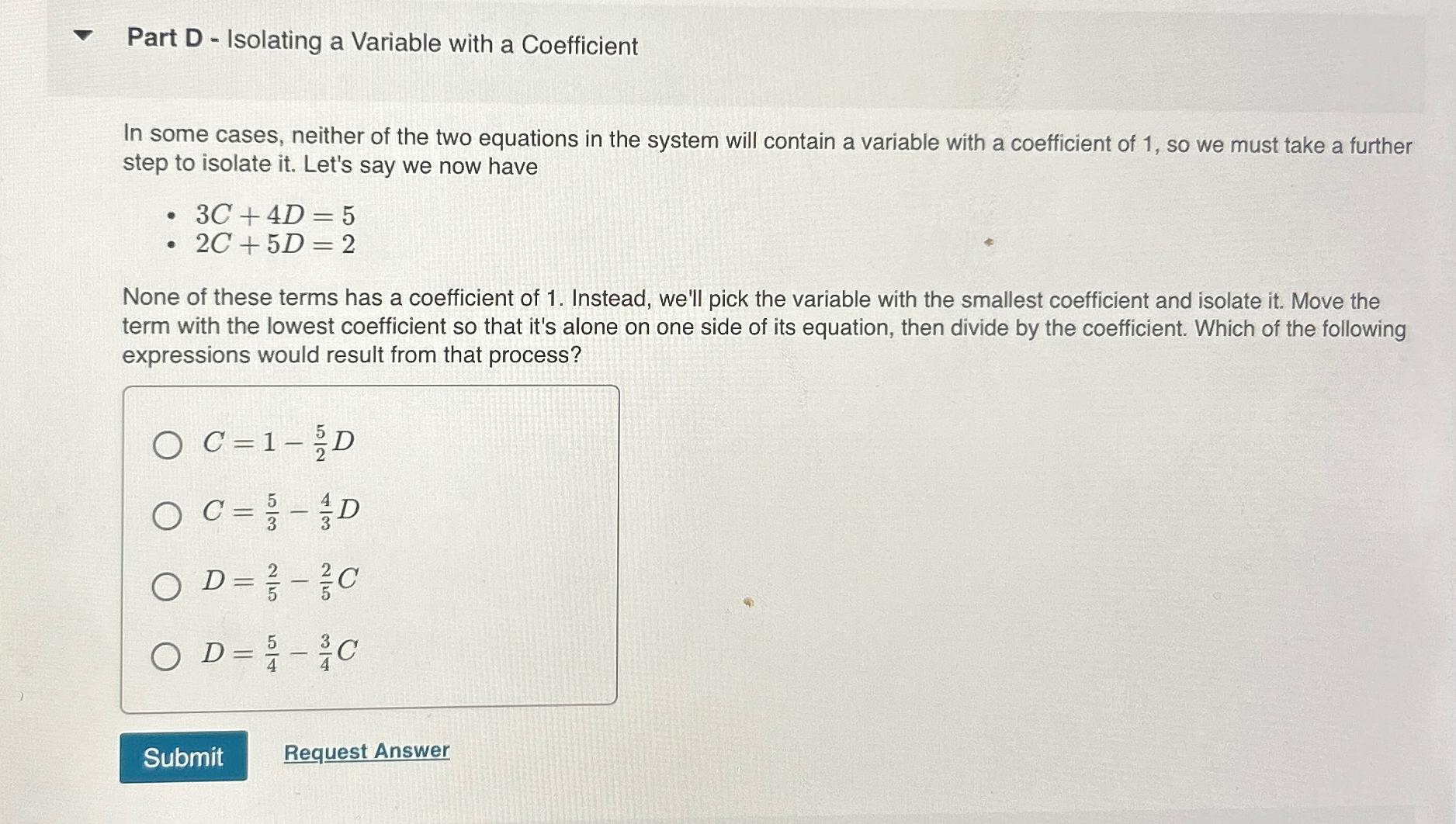 Solved Part D - ﻿Isolating a Variable with a CoefficientIn | Chegg.com