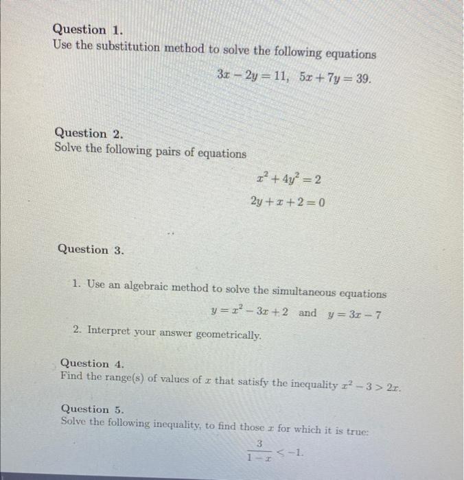 Solved Question 1. Use the substitution method to solve the | Chegg.com
