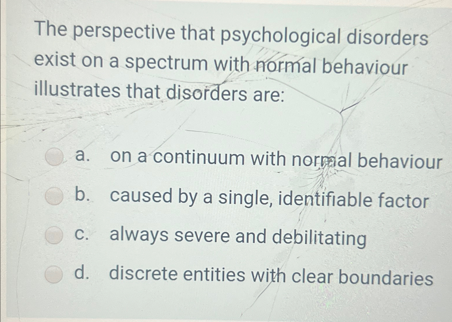 Solved The perspective that psychological disorders exist on | Chegg.com