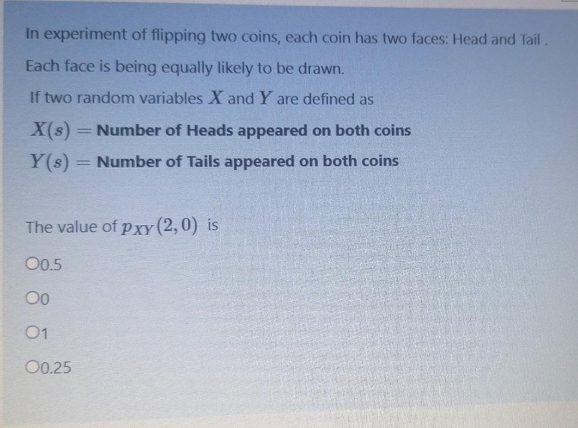 Solved In experiment of flipping two coins, each coin has | Chegg.com