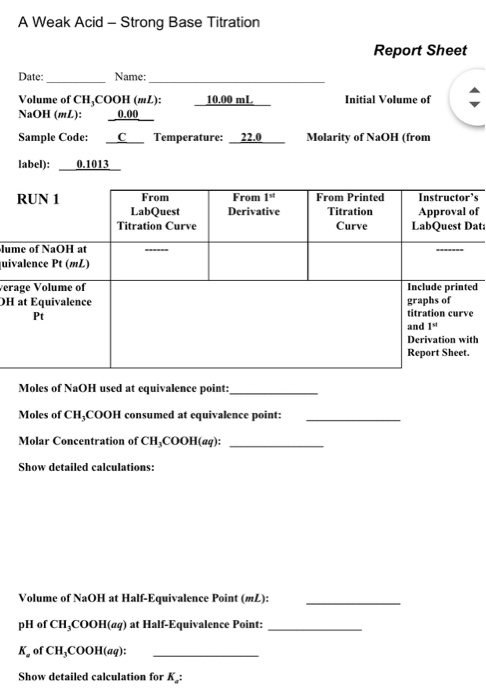 A Weak Acid - Strong Base Titration Report Sheet | Chegg.com