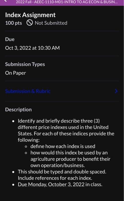 Solved Index Assignment 100 pts Θ Not Submitted Due Oct | Chegg.com