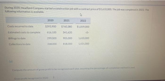 Solved During 2020, Headland Company started a construction | Chegg.com