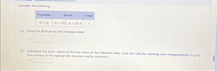 Solved Consider the following. (b) Formula 1 = A = /w Given | Chegg.com