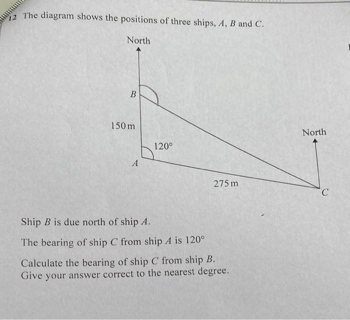 Solved i2 The diagram shows the positions of three ships, A, | Chegg.com