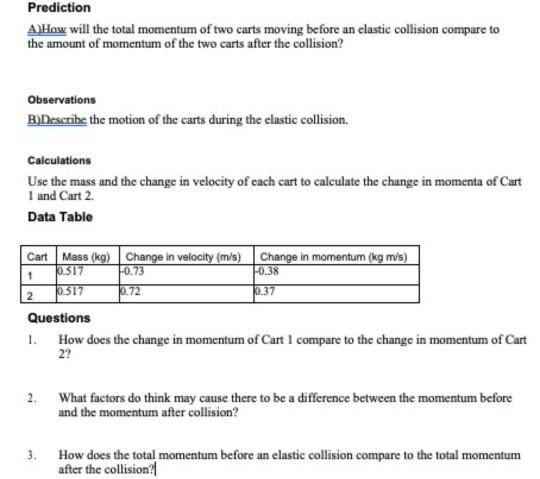 Solved Prediction A How will the total momentum of two carts | Chegg.com