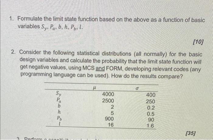 Solved 1. Formulate the limit state function based on the | Chegg.com