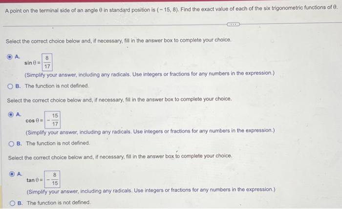 Solved A point on the terminal side of an angle θ in | Chegg.com