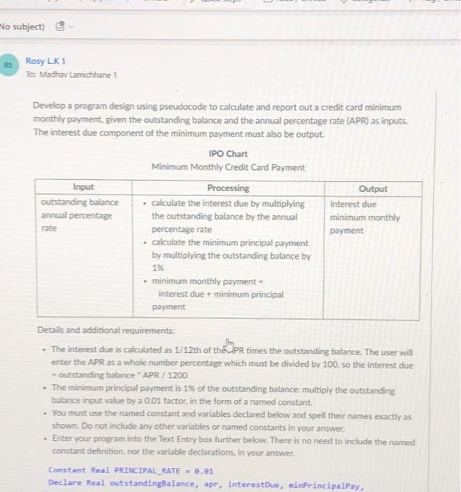 Solved Develop a program design using pseudocode to | Chegg.com