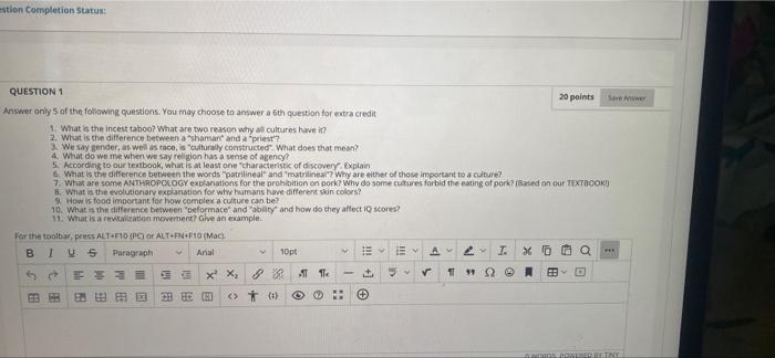 estion Completion Status: QUESTION 1 20 points Save | Chegg.com