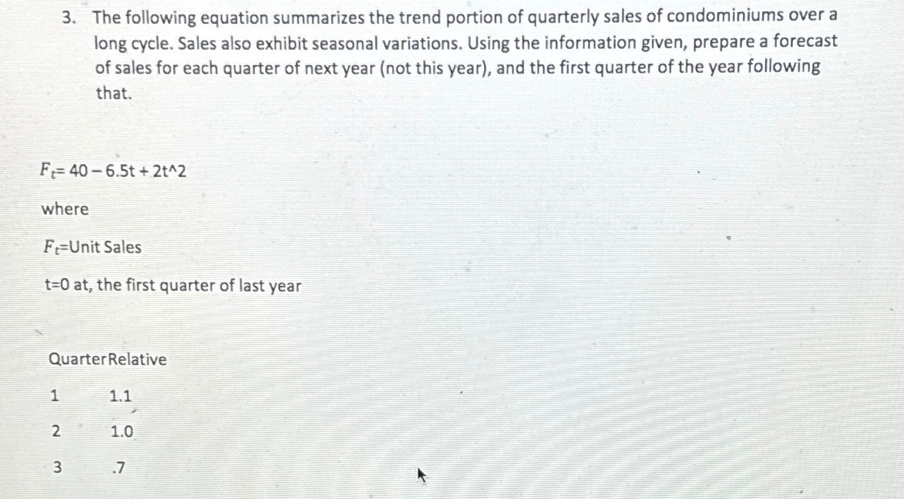 Solved The following equation summarizes the trend portion | Chegg.com